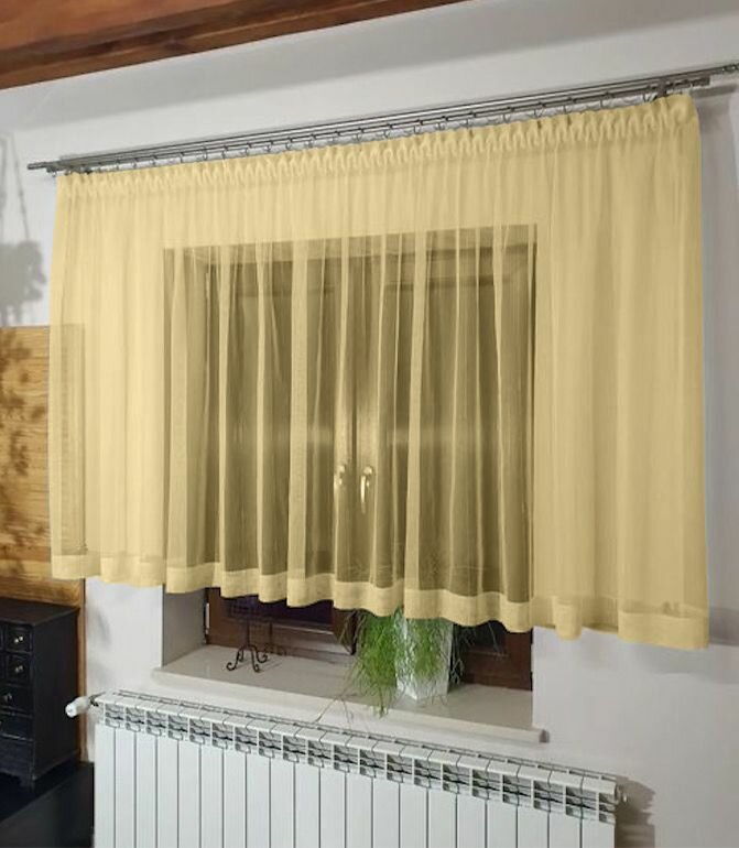 Короткий тюль для кухни одним полотном на ленте под крючки арт. ТК-774 высота 160 см цвет бежевый