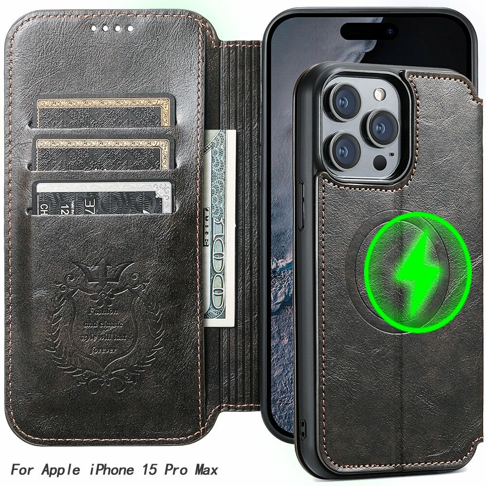 Магнитный противоударный чехол-книжка MyPads для Apple iPhone 15 Pro Max, черный