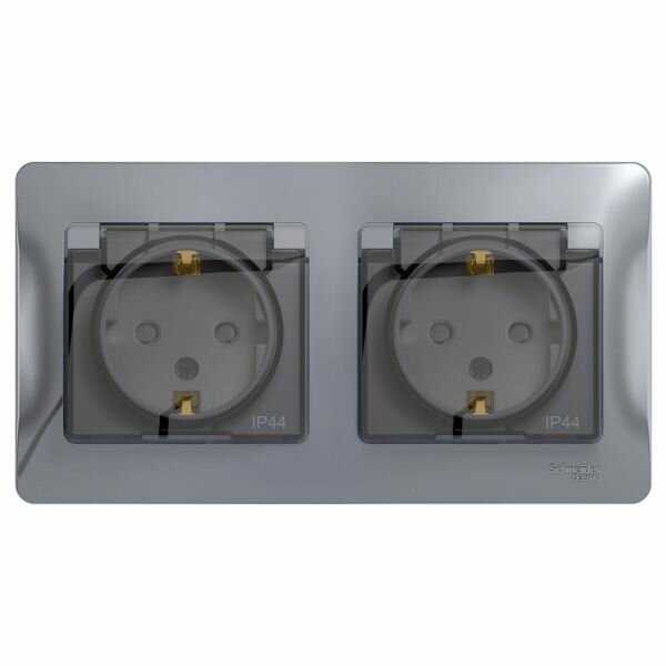 Systeme Electric Glossa Алюминий Розетка 2-ая с/з, со шторками, в сборе, IP44, GSL000347