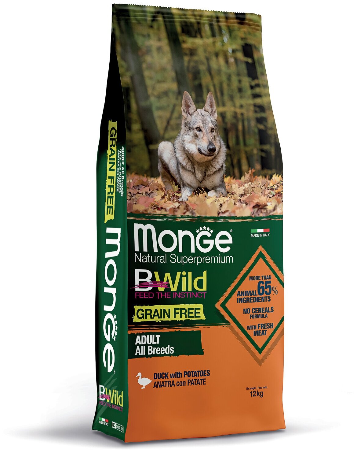 Сухой корм Monge Dog GRAIN FREE беззерновой для собак, утка/картофель, 12 кг. Monge