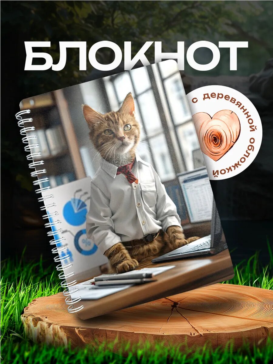 Блокнот деревянный Wood-Book с принтом с котиком, экономисту в подарок ежедневник