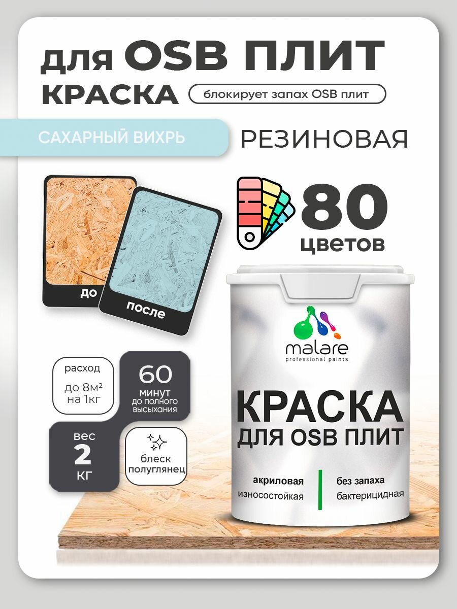 Резиновая краска для ОСБ плит Malare акриловая краска для дерева для наружных и внутренних работ, быстросохнущая без запаха полуглянцевая, сахарный вихрь, 2 кг