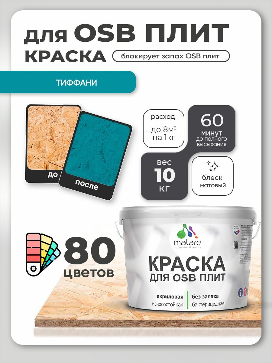 Акриловая краска для ОСБ плит Malare для дерева для наружных и внутренних работ, быстросохнущая без запаха матовая, тиффани, 10 кг