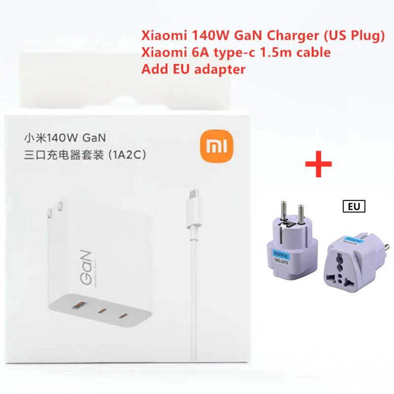 Зарядное устройство Xiaomi Mi 140 Вт GaN Charger 1A2C выход Поддержка PD QC UFCS Быстрая зарядка для всех телефонов/планшетов/Mac с кабелем 1,5 м Add EU Adapter