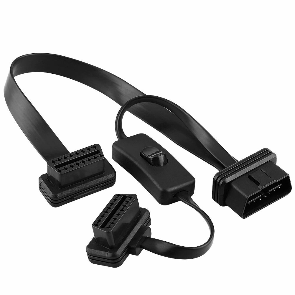 Разветвитель OBD2 16-контактный с переключателем, 1→2 (male на 2x female), кабель ~32 см для диагностических приборов