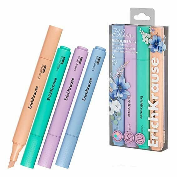 Текстмаркеры Erich Krause "Visioline V-17", Pastel Bloom, 4 цвета, зеленый, персиковый, голубой, фиолетовый (60810)