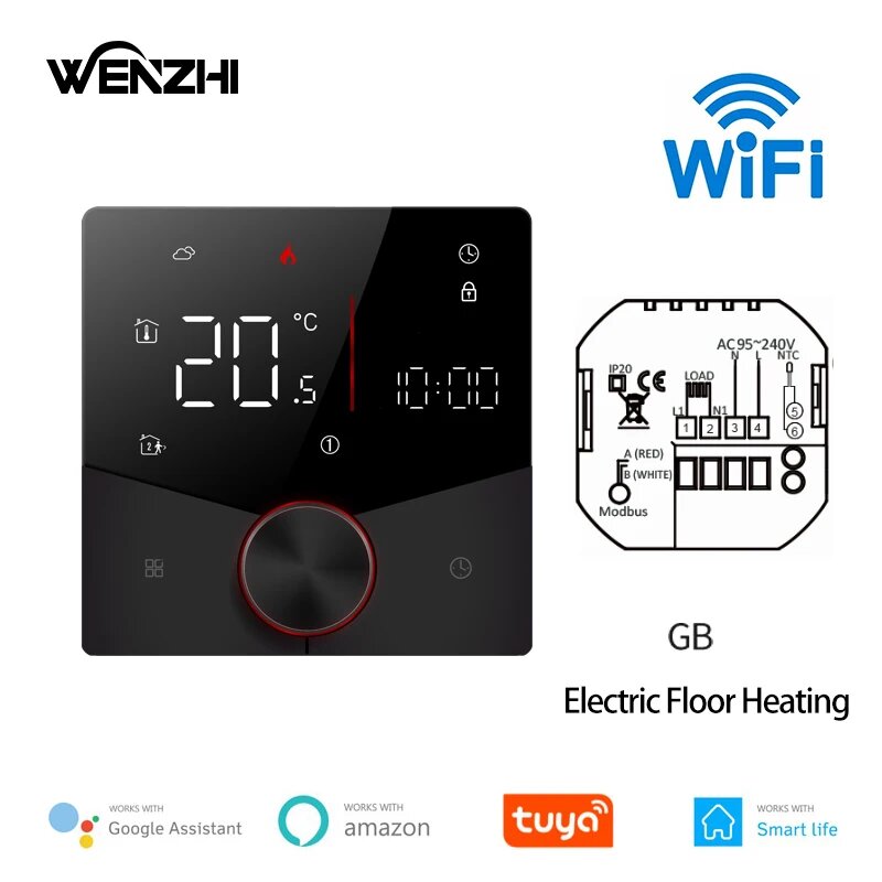 Черный термостат для электрического теплого пола WENZHИ WiFi, Tuya Smart Life