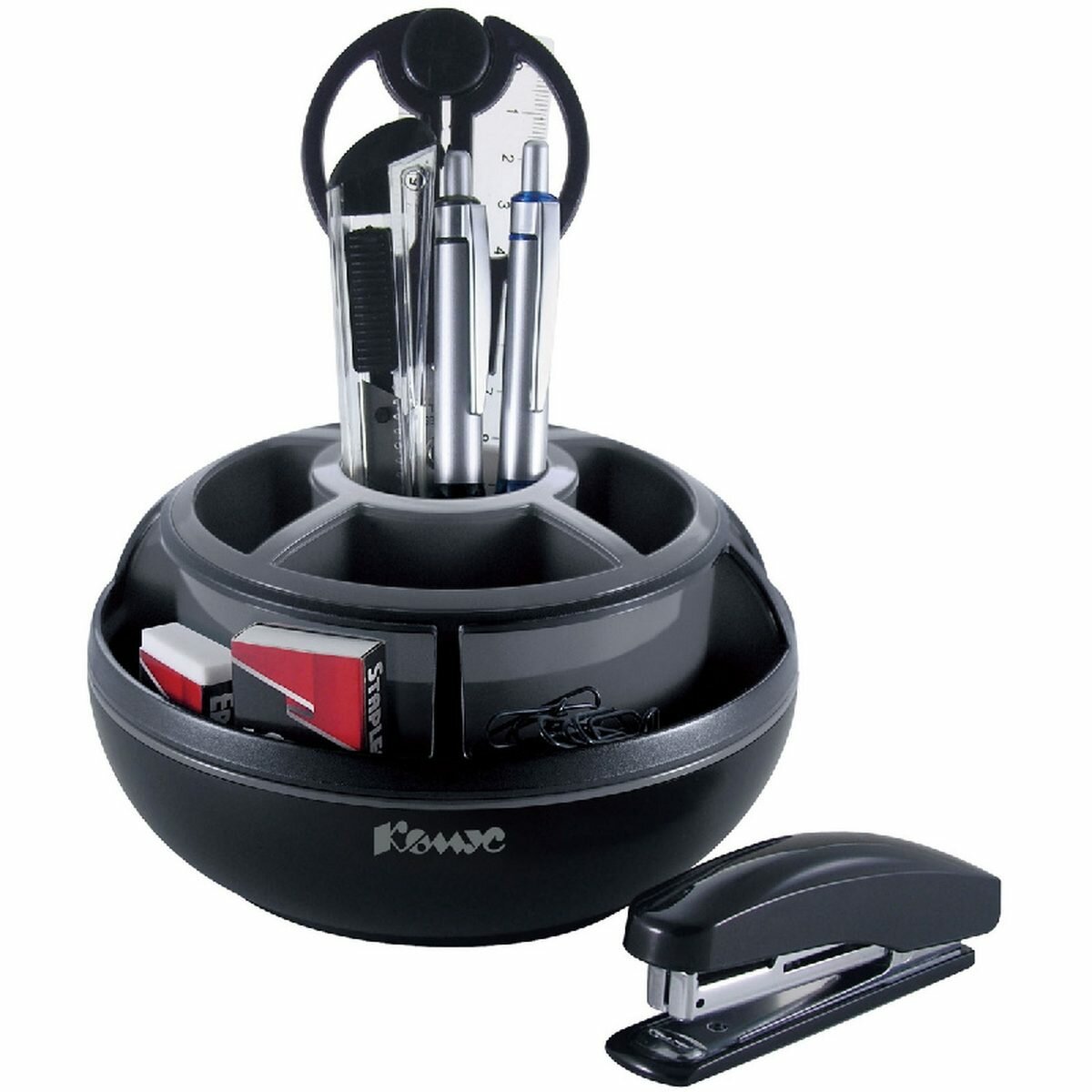 Настольный набор пластиковый Комус, 10 предметов, серый/черный, вращающийся (1169211), 18 уп.