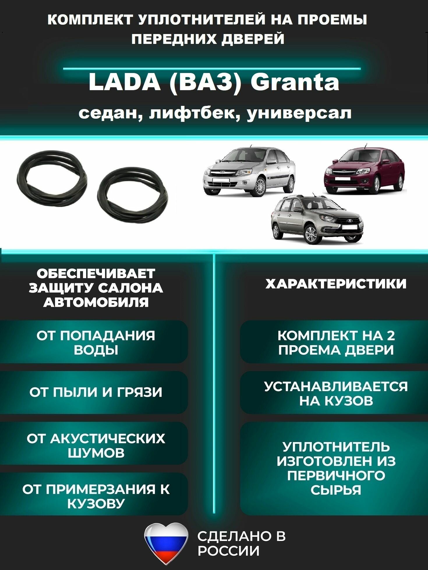 Комплект уплотнителей проема передних дверей LADA (ВАЗ) Granta, Cross, Лада Гранта 2190, 2191 (стыкованный) на 2 двери (правую + левую)