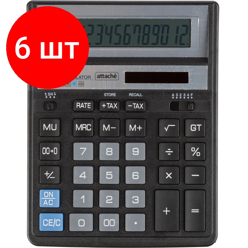 Комплект 6 штук, Калькулятор настольный полн/Р Attache AF-888.14р, дв. пит,204x158мм, черный