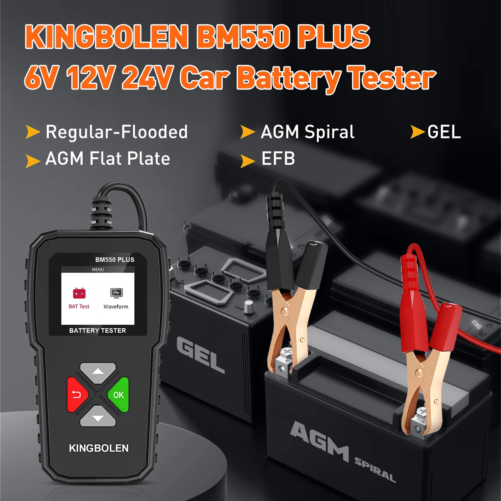 KINGBOLEN BM550 PLUS Тестер автомобильного аккумулятора 6 В 12 В 24 В CCA SOC проверка формы сигнала Цветной экран Автоматическая аккумуляторная система обнаружения анализаторов Инструменты