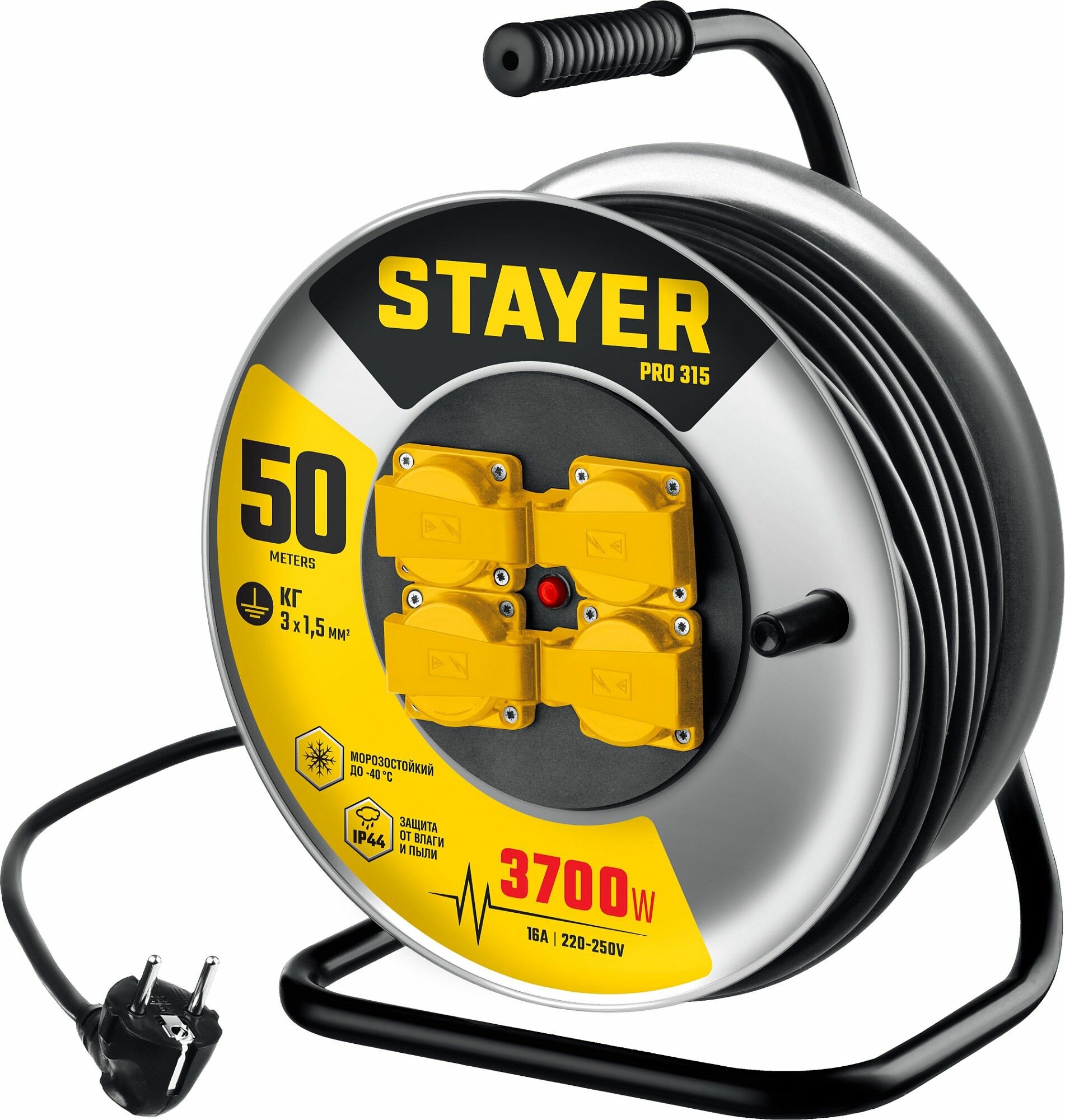Силовой удлинитель STAYER PRO-315, 3 жилы по 1.5 мм2, 50 м, 3700 Вт, IP44, стальная катушка 55077-50_z01