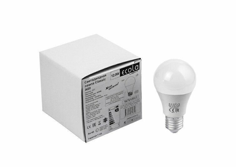 Лампа светодиодная Е27 груша A60 12Вт 220В 4000К (Естественный белый свет) ECOLA -4 шт