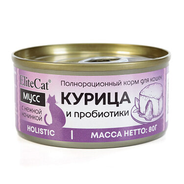 ELITECAT Полнорационный корм для кошек консервированный "Курица и пробиотики", мусс, 80 гр
