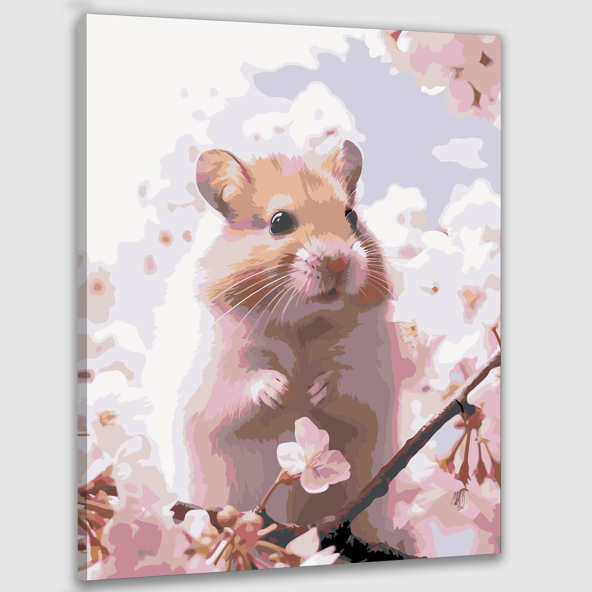 Картина по номерам 40x50 см, хомячок, ветка, вишня, розовые лепестки, пытливые глазки, крошечные лапки