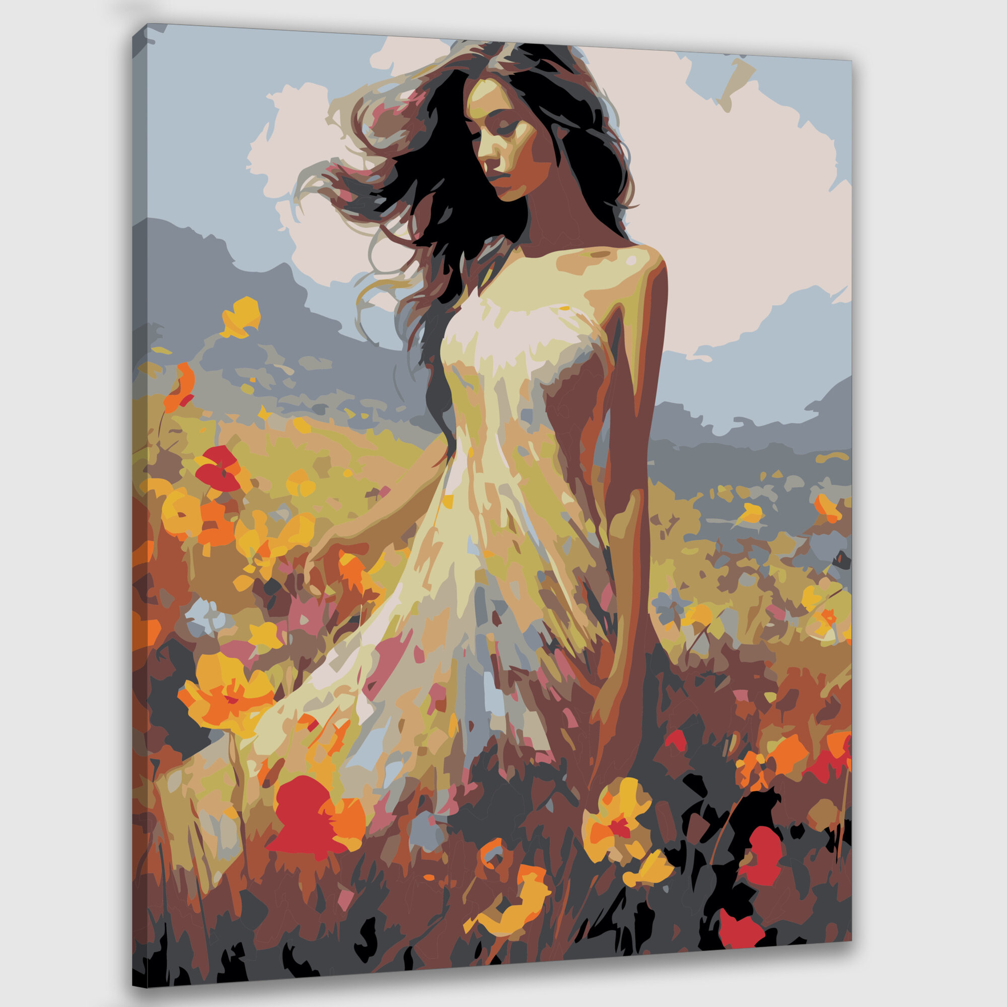 Картина по номерам 40x50 см, картина маслом, девушка в платье, струящееся платье, цветочек, поле полевых цветов