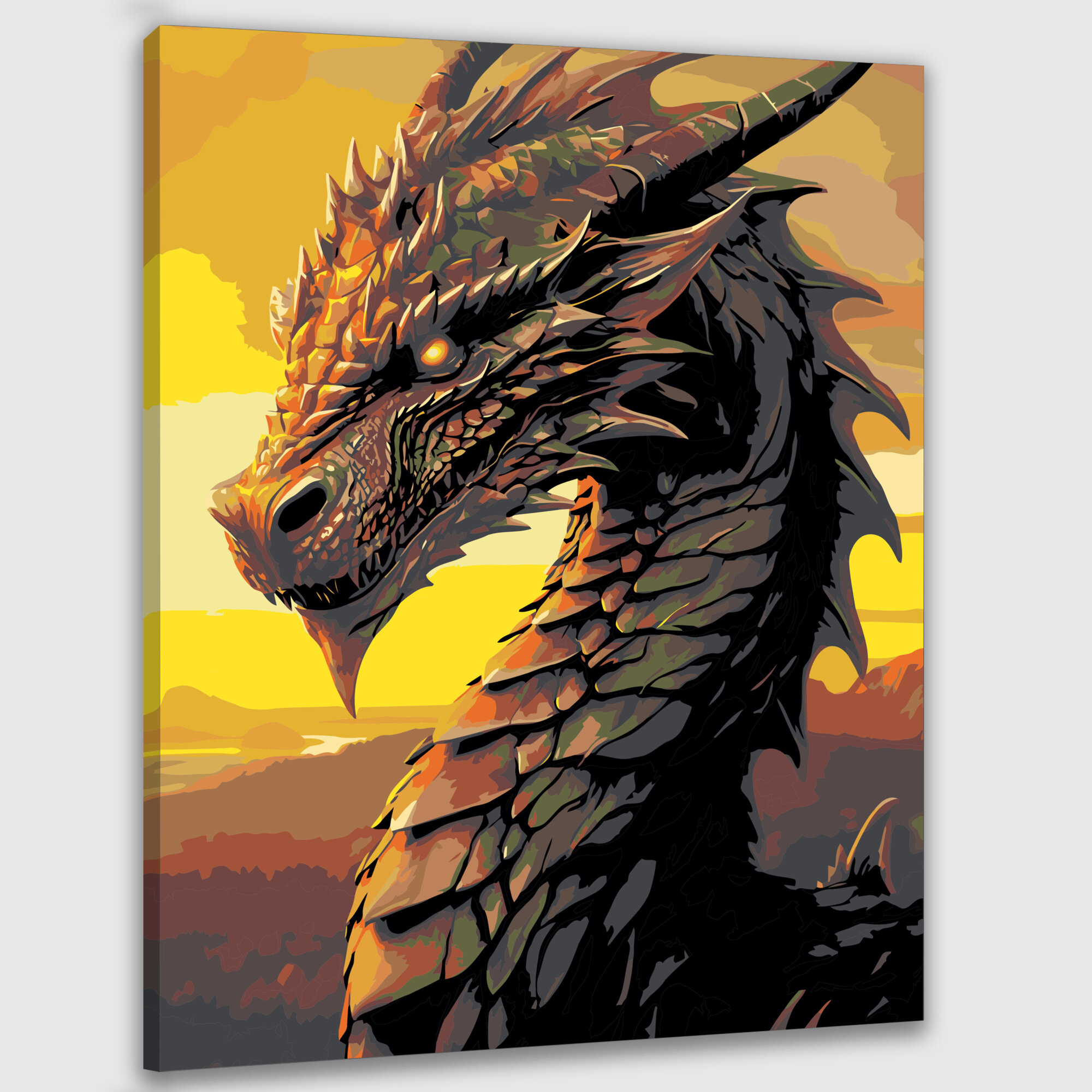 Картина по номерам 40x50 см, картина, деревянный дракон, изумрудная чешуя, закат, оранжевый свет, розовый свет, тени