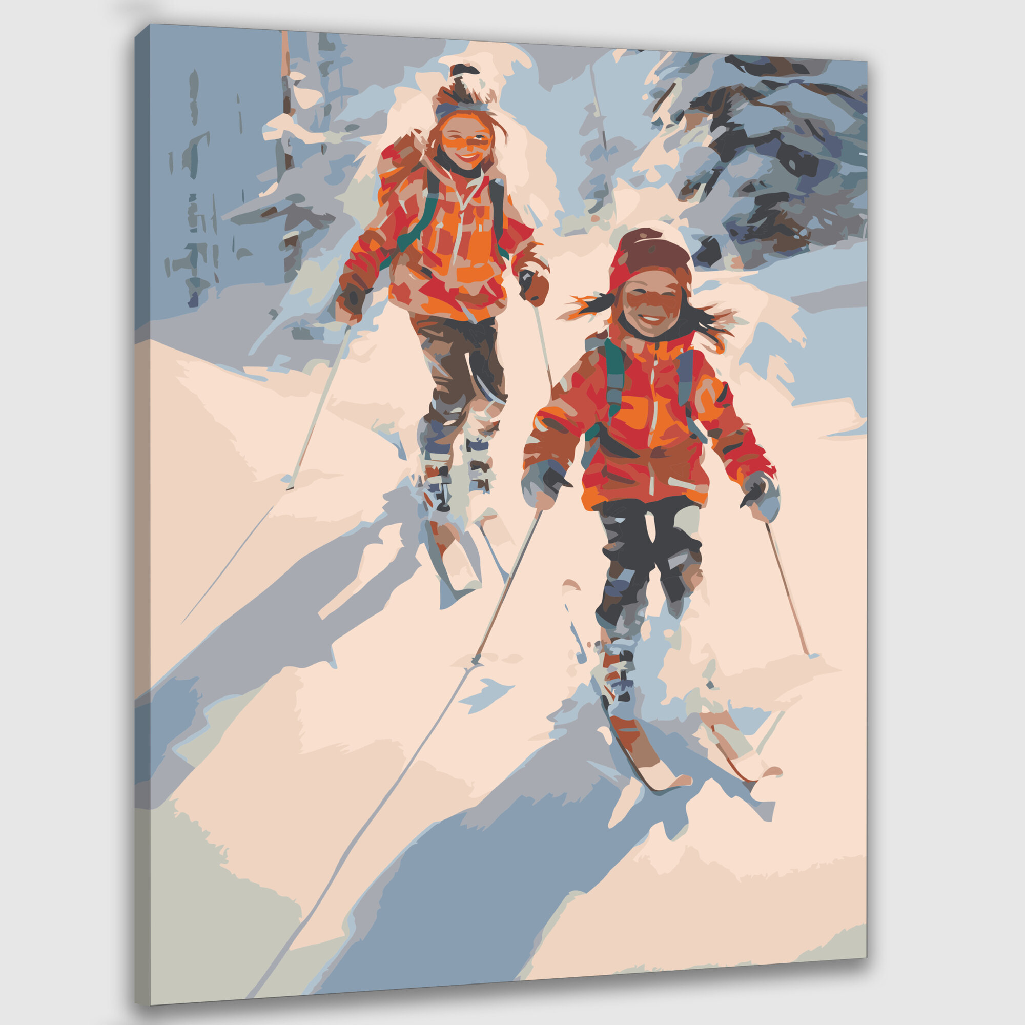 Картина по номерам 40x50 см, фотография, дети, лыжи, восторг, склон, смех, морозный воздух, утренний свет, отблеск