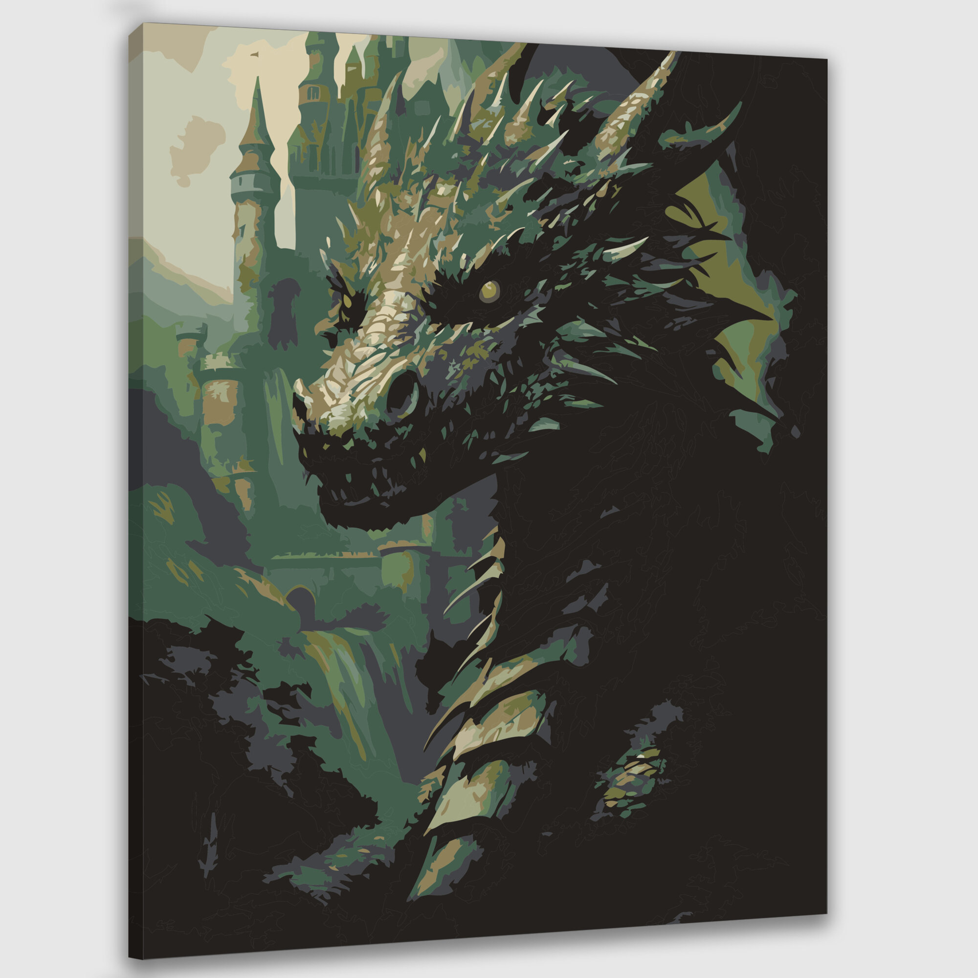 Картина по номерам 40x50 см, картина маслом, дракон, замок, изумрудные глаза, интенсивность, таинственность, интрига