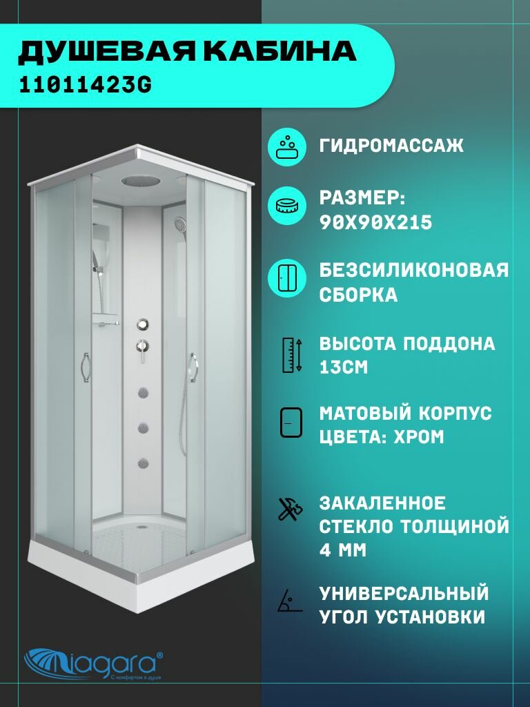 Душевая кабина Niagara Classic NG-1101-14G (90х90х215) низкий поддон(13см), стекло матовое,3 места с полкой