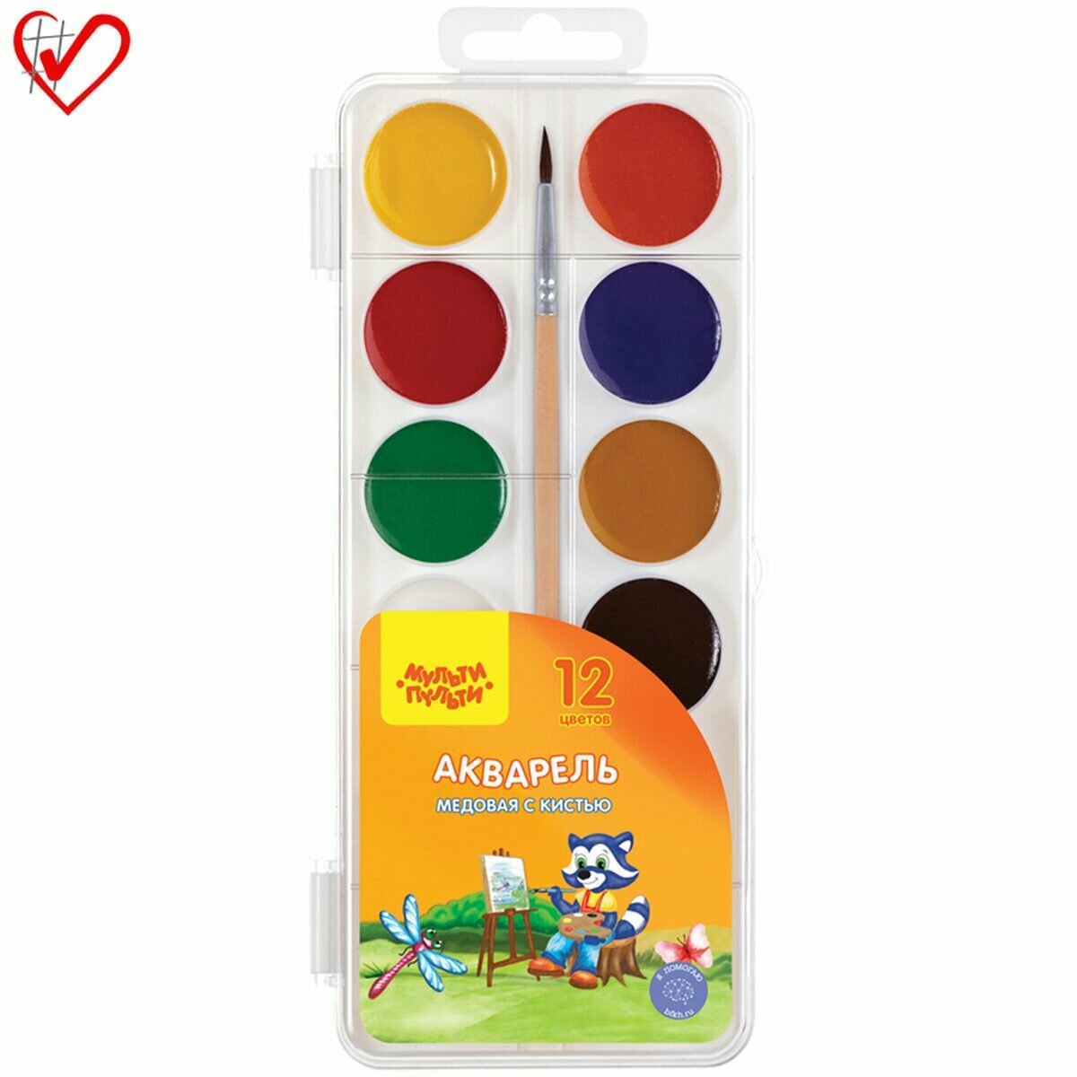 Краски акварельные медовые 12 цветов Мульти-Пульти "Приключения Енота", с кистью, пластиковая коробка (АП_19710)