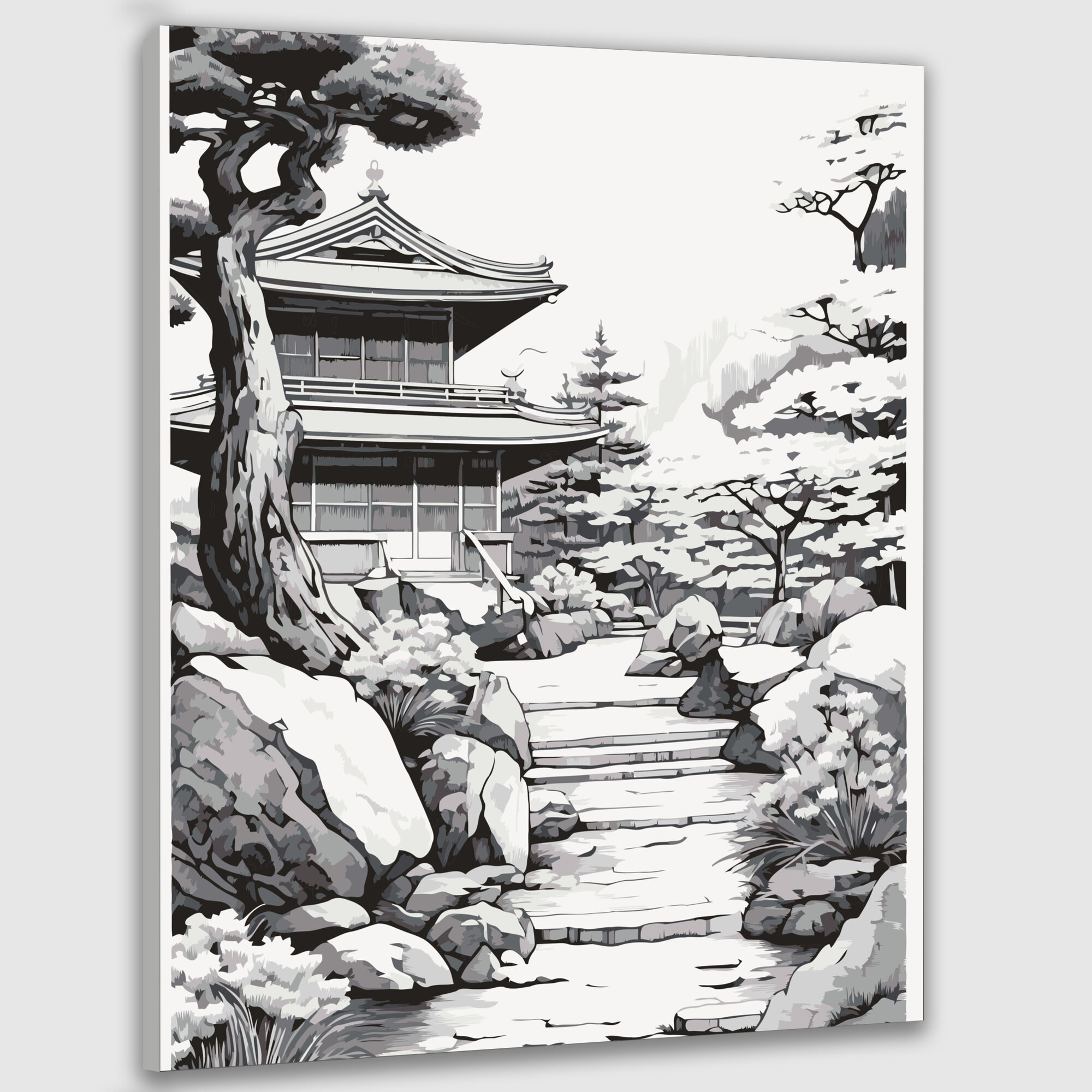 Картина по номерам 40x50 см, Японский храм, дзен-сад, тушь, черно-белая композиция, линии, архитектура, спокойствие