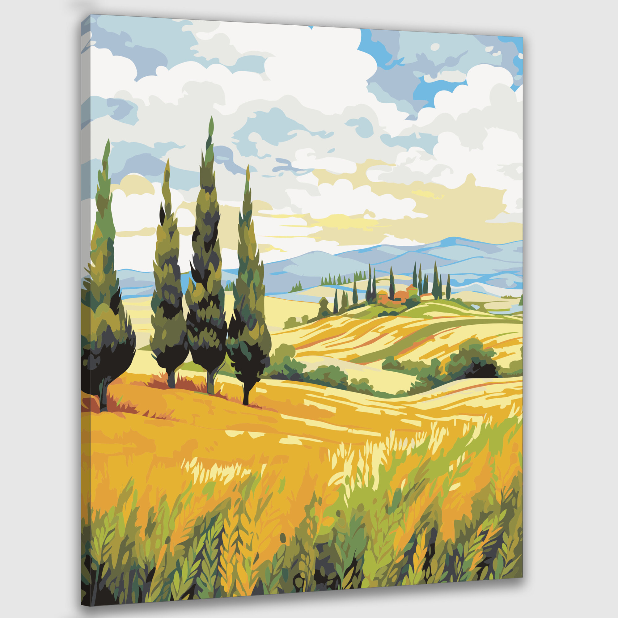 Картина по номерам 40x50 см, акварельная иллюстрация, пшеничное поле, кипарисы, сельский пейзаж, Ван Гог, природа