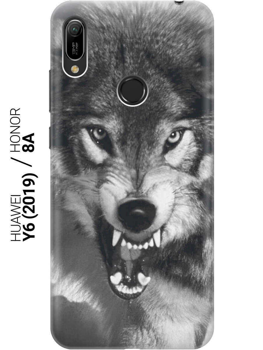 Силиконовый чехол на Honor 8A, 8A Pro, Huawei Y6 (2019), Y6 Prime (2019), Хонор 8а, 8а Про, Хуавей У6 2019, У6 Прайм 2019 с принтом "Волчий оскал"