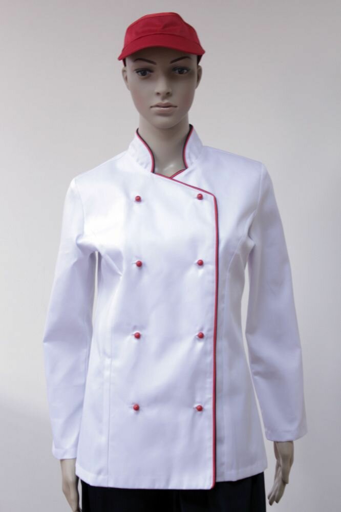 Китель для повара женский белый с красным кантом на пуклях