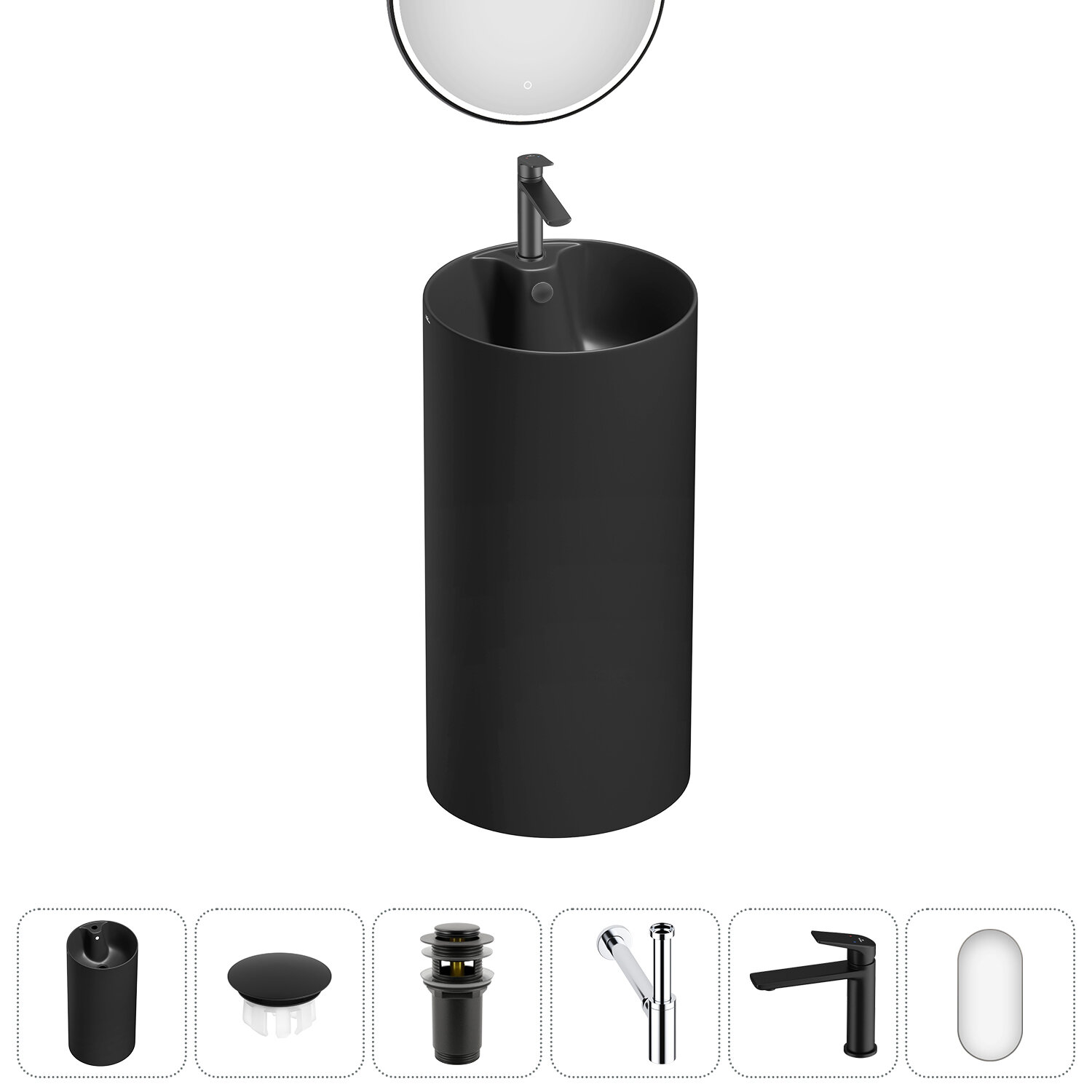 Круглая напольная раковина для ванной Wellsee Callipy Art 20218858R в наборе 6 в 1: отдельностоящая раковина моноблок в цвете матовый черный с заглушкой на переливзаглушка на перелив, донный клапан, сифон, смеситель, зеркало