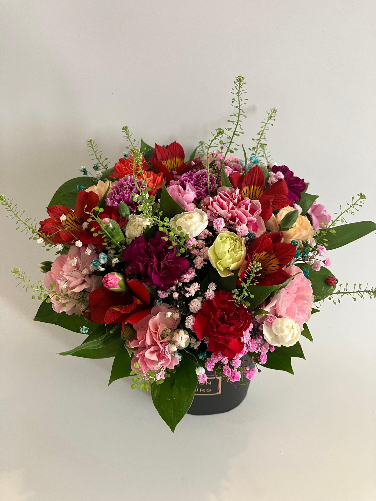 Букет композиция из кустовых гвоздик микс, в коробке Мейсон-чёрная.