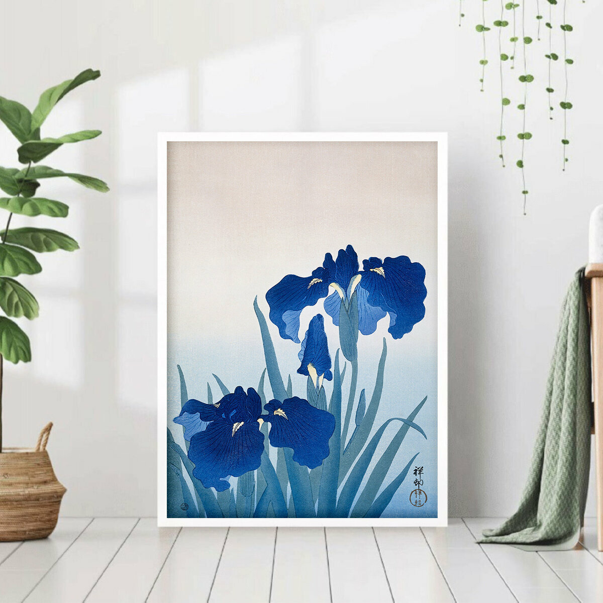 Постер " Синие ирисы репродукция" 40x50 в белой рамке для интерьера на стену
