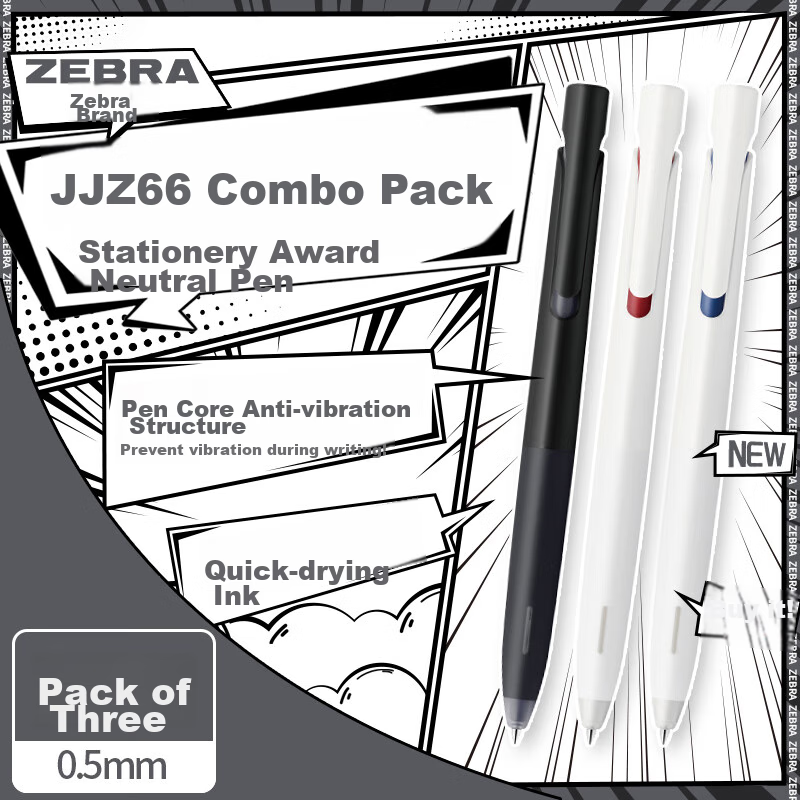 ZEBRA Brand Stationery Award-Winning Gel Pen, 0.5mm Bullet Tip, Push-Button Quick-Drying, Shock-Absorbing Pen, JJZ66 Combination 2, Black Barrel with Black Ink + White Barrel with Blue Ink + White Barrel with Red Ink