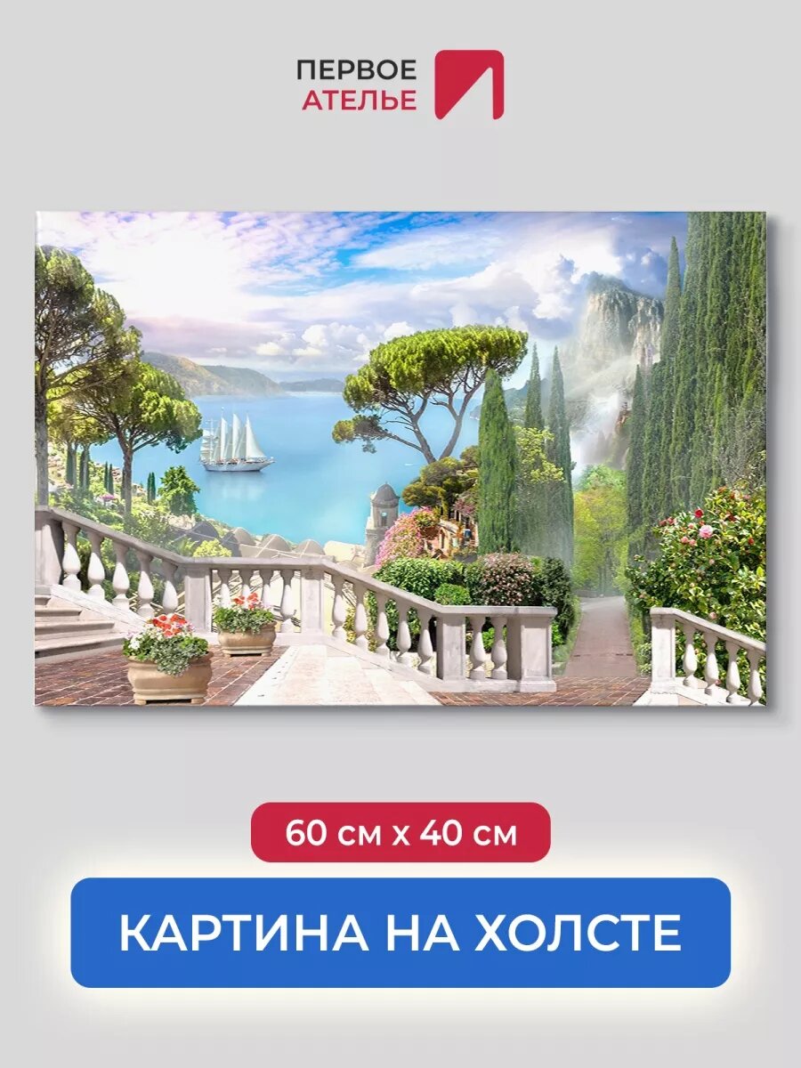 Картина на стену на холсте для интерьера первое ателье "Спуск по лестнице в зеленый сад" 60х40 см (ШхВ), на деревянном подрамнике Premium