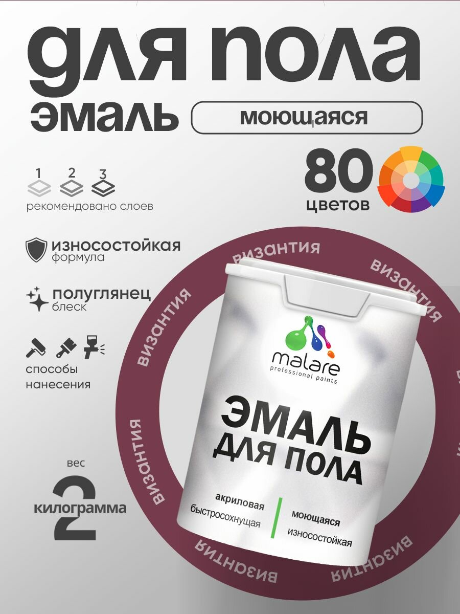 Эмаль Malare для пола акриловая, экологичная без запаха, износостойкая, быстросохнущая, моющаяся, полуглянцевая, византия, 2 кг.