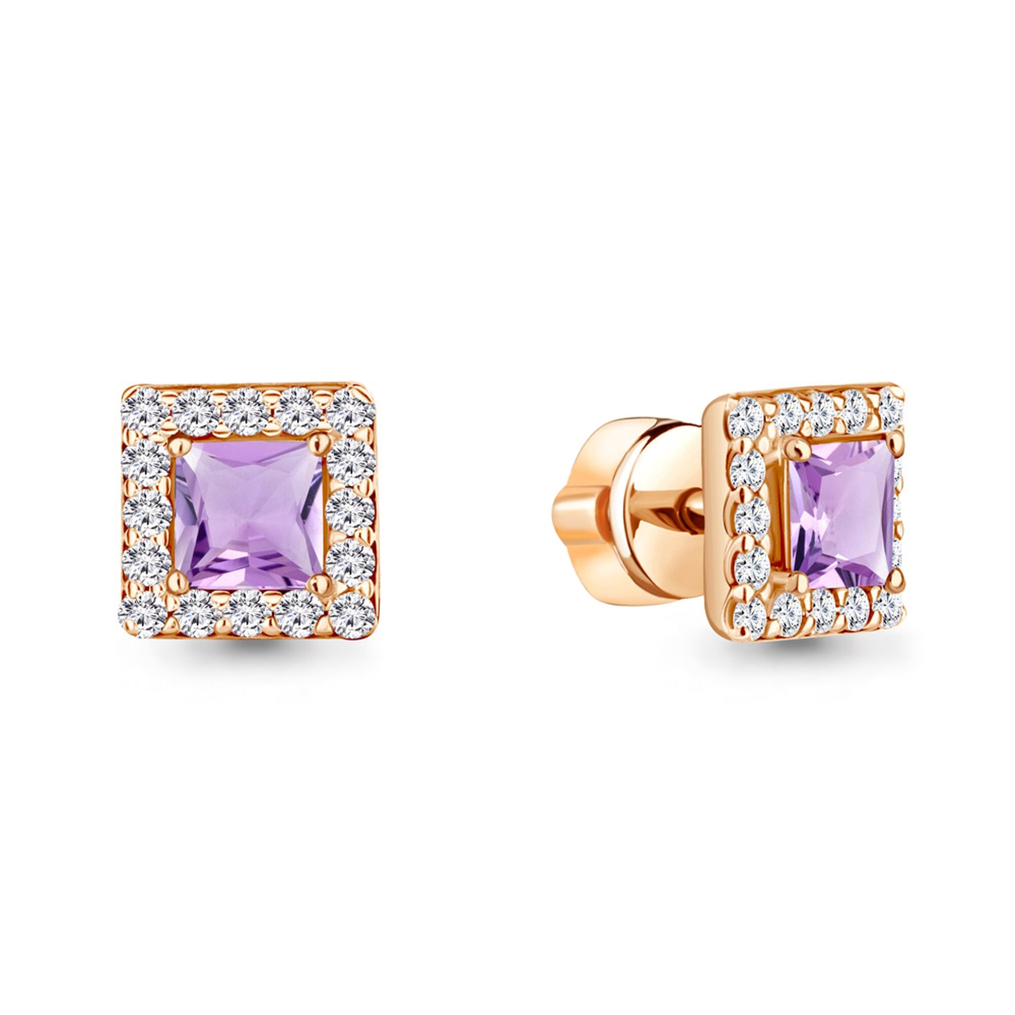 Серьги пусеты, серебро, 925 проба, золочение, аметист, фианит