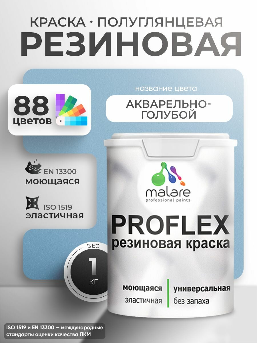 Краска резиновая Malare ProfleX жидкая резина для наружных и внутренних работ, быстросохнущая моющаяся, полуглянцевая, акварельно-голубой, 1 кг