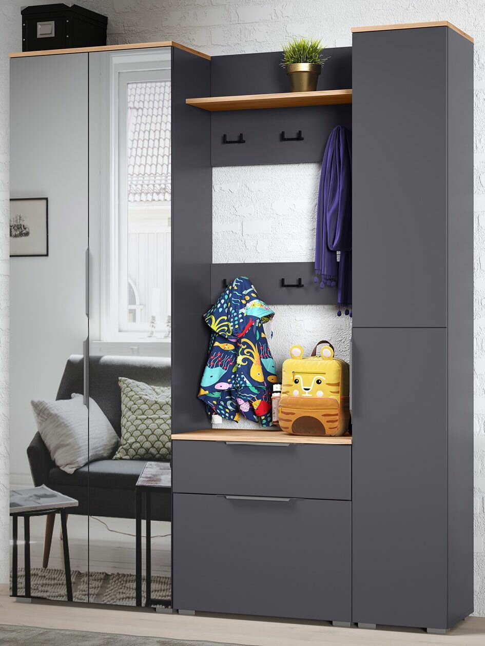 Распашной шкаф Октава со штангой, с зеркалом, с полками, 64.4х35.3х197.6 см, Серый графит / Дуб Крафт золотой