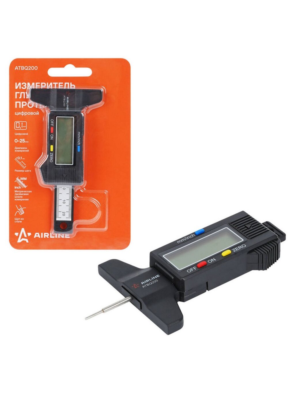 Манометр "AIRLINE" (цифровой 25 мм, шаг 0.1 мм, пластиковый, измеритель глубины протектора)