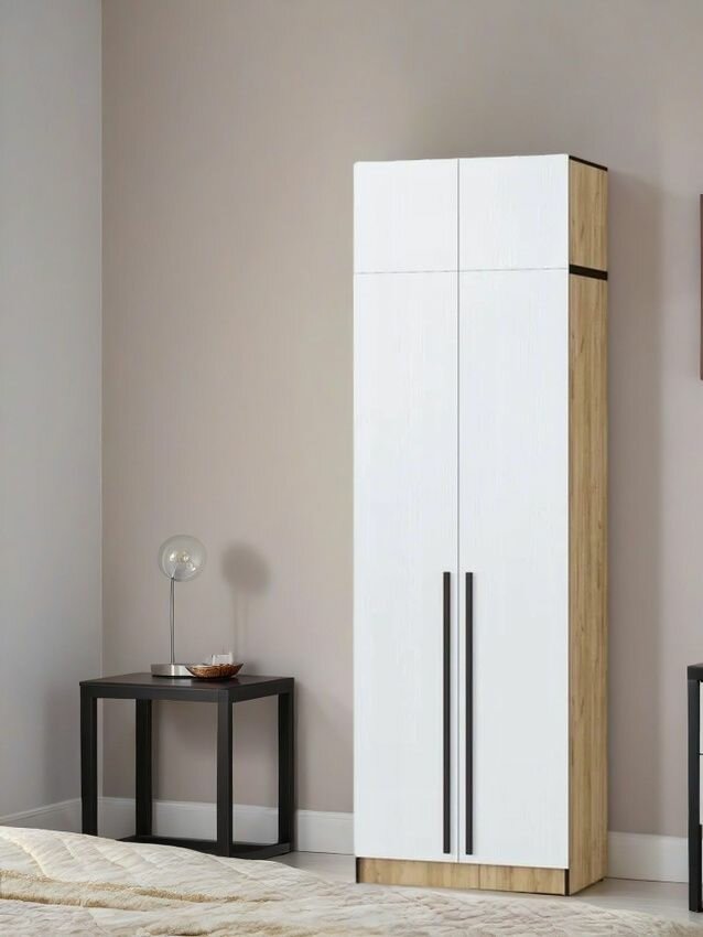 Шкаф для одежды распашной с зеркалом и антресолью 0,8 "Бастион", 80х260х52, Дуб крафт золотой/Белый древесный