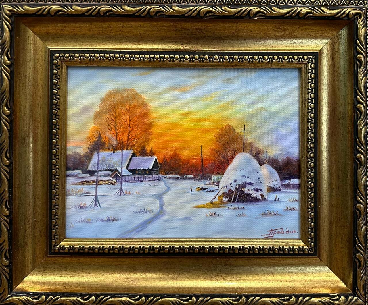 Картина маслом на холсте, зимняя деревня, зимний пейзаж "Деревня"