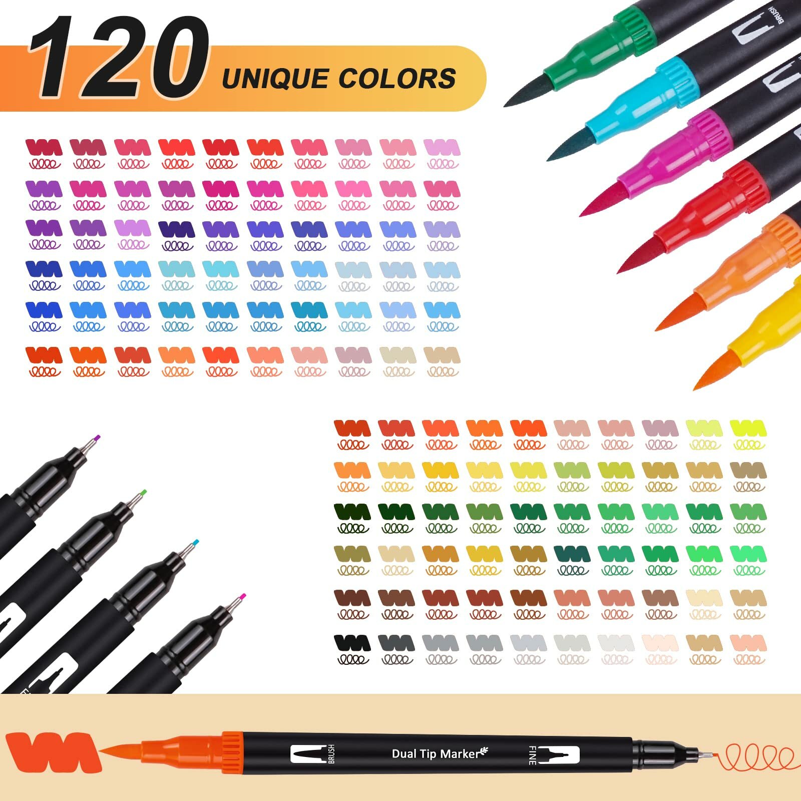 Двусторонние маркеры, набор из 120 штук с тонким и кистевым наконечником, 12 цветов