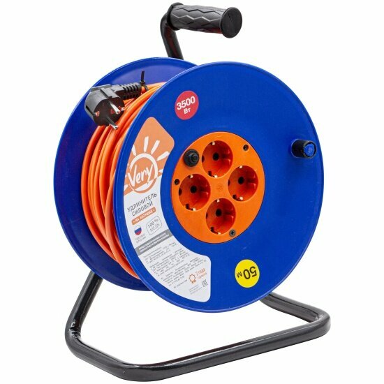 Very Силовой удлинитель на катушке, 4 розетки, ПВС 2x1,5мм, 16А, 3,5кВт, без заземления, 50м, 50м, 89-0-159