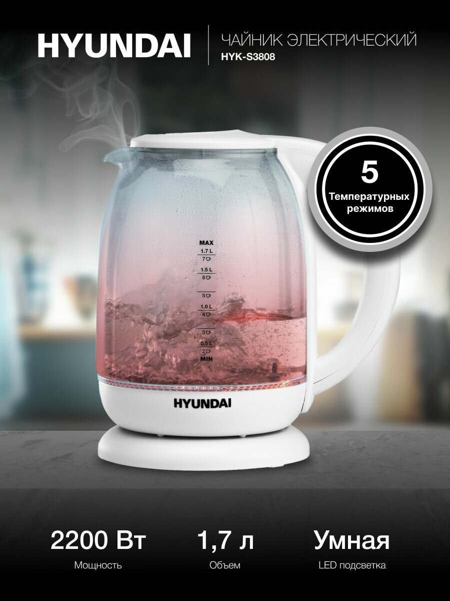 Чайник электрический Hyundai HYK-S3808 белый, объём 1.7л, мощность 2200Вт, материал корпуса: стекло