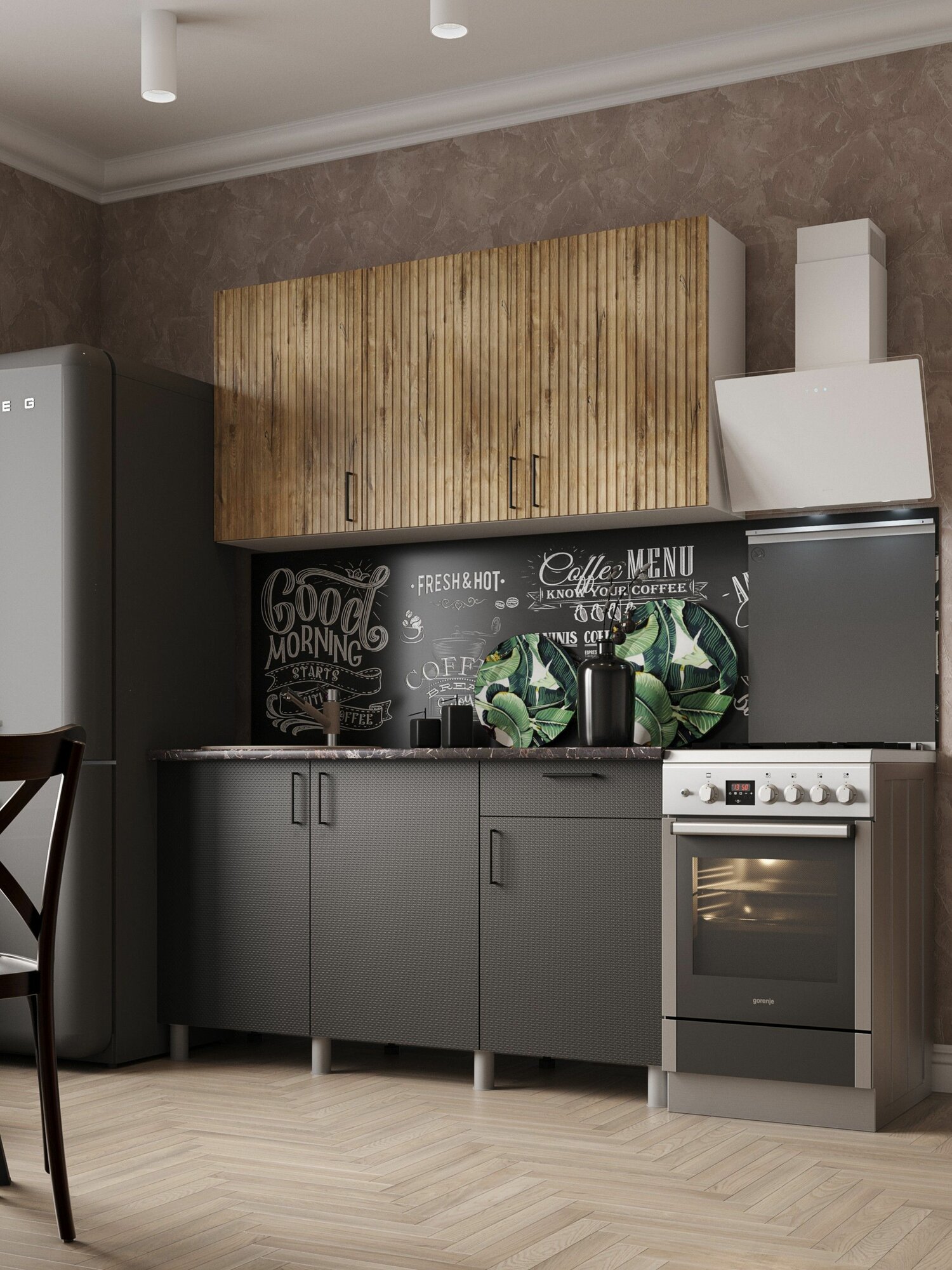 Кухонный гарнитур Кантри МДФ 1,5м дуб канадский/карбон вулкан со столешницей