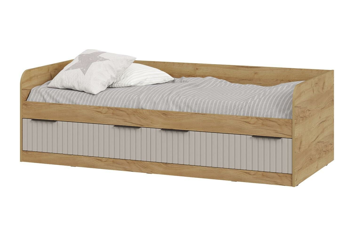 Кровать односпальная комбинированная Хилтон, 90x200 см, основание и 2 ящика, дуб крафт золотой, мокко матовый