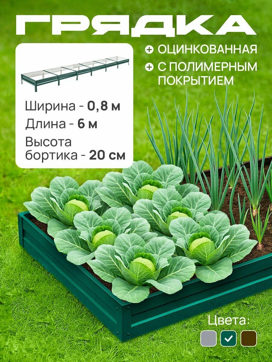 Грядка оцинкованная с полимерным покрытием 0,8х6,0 м, высота 20 см, Цвет: Зеленый мох