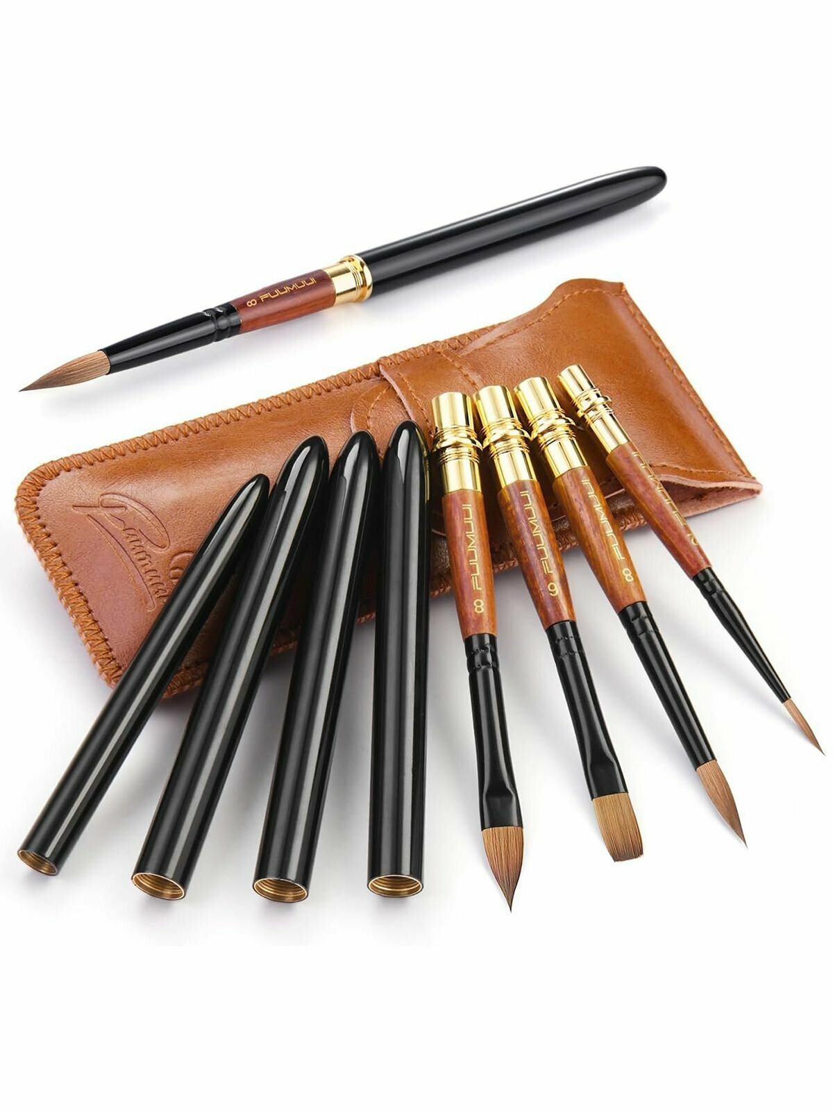 FUUMUUI 4 элегантные кисти для акварели из соболя - дорожный набор с кожаным чехлом