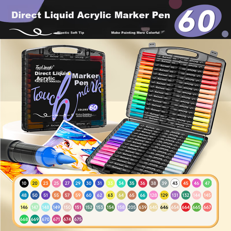 Touch Mark Direct Liquid Acrylic Marker 60 Colors Small Black Box Non-Transparent Stackable Watercolor Pen Washable Painting Pen Student Birthday Back-to-School Gift