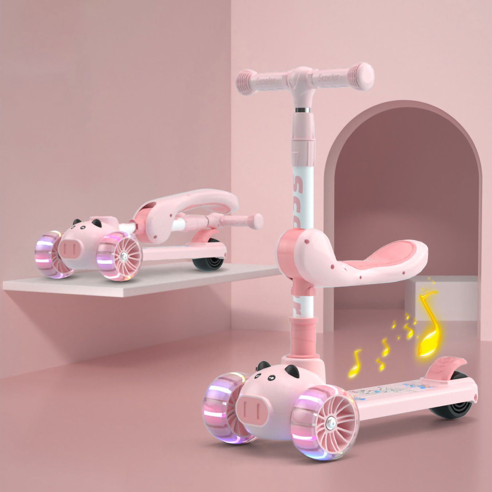 3 -й колесный скутер регулируемый высота с музыкой легкий складной скутер для детей для детей, девочки, розовые